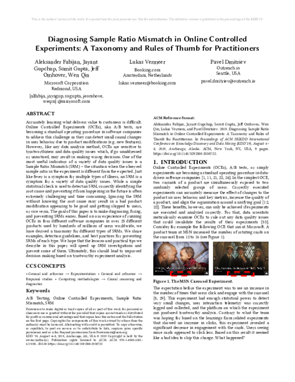 (PDF) Diagnosing Sample Ratio Mismatch in Online Controlled Experiments