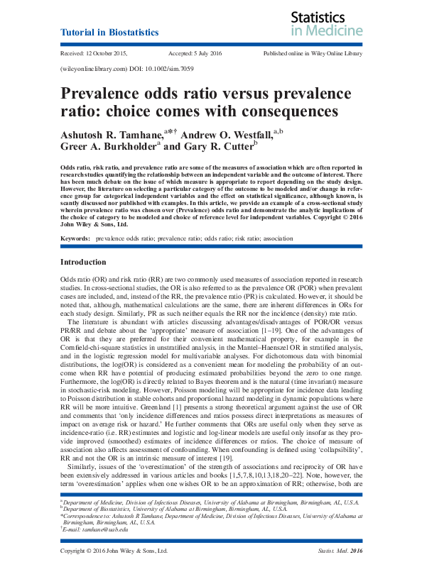 (PDF) Prevalence odds ratio versus prevalence ratio: choice comes with ...