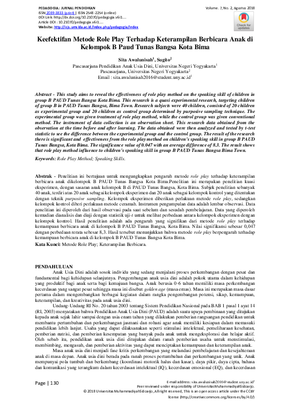 (PDF) Keefektifan Metode Role Play terhadap Keterampilan Berbicara Anak di Kelompok B PAUD Tunas ...