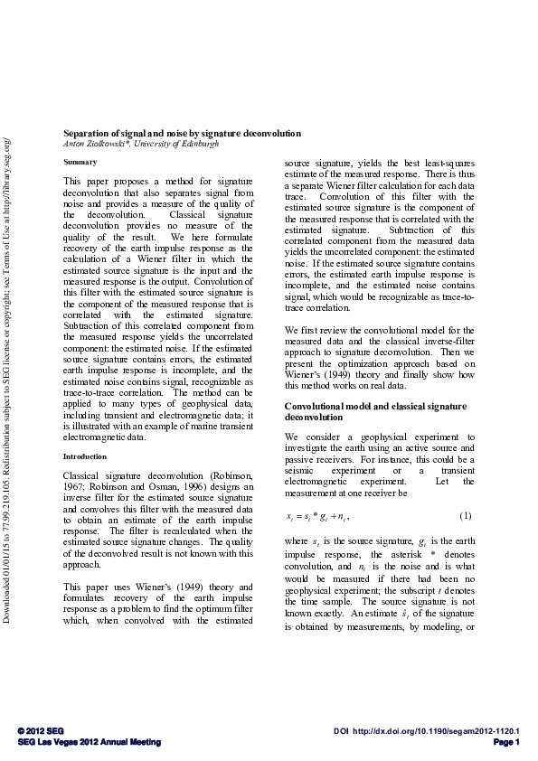 (PDF) Separation of signal and noise by signature deconvolution