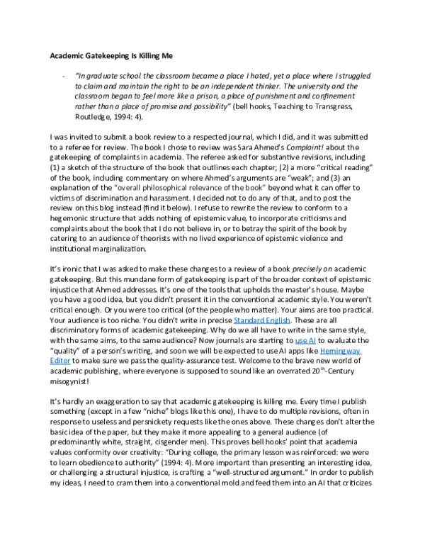(DOC) Academic Gatekeeping Is Killing Me & Review of Sara Ahmed's ...