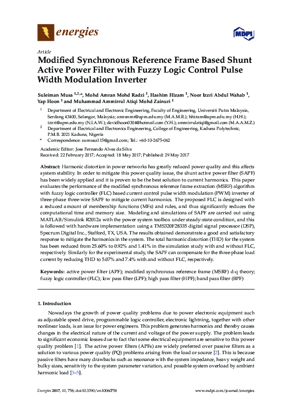 Pdf Modified Synchronous Reference Frame Based Shunt Active Power Filter With Fuzzy Logic