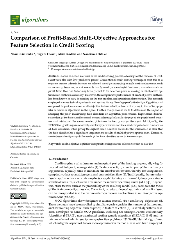 (PDF) Comparison of Profit-Based Multi-Objective Approaches for Feature Selection in Credit Scoring