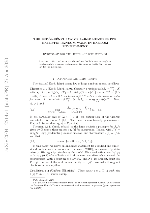 (PDF) The Erdős-Rényi law of large numbers for ballistic random walk in random environment