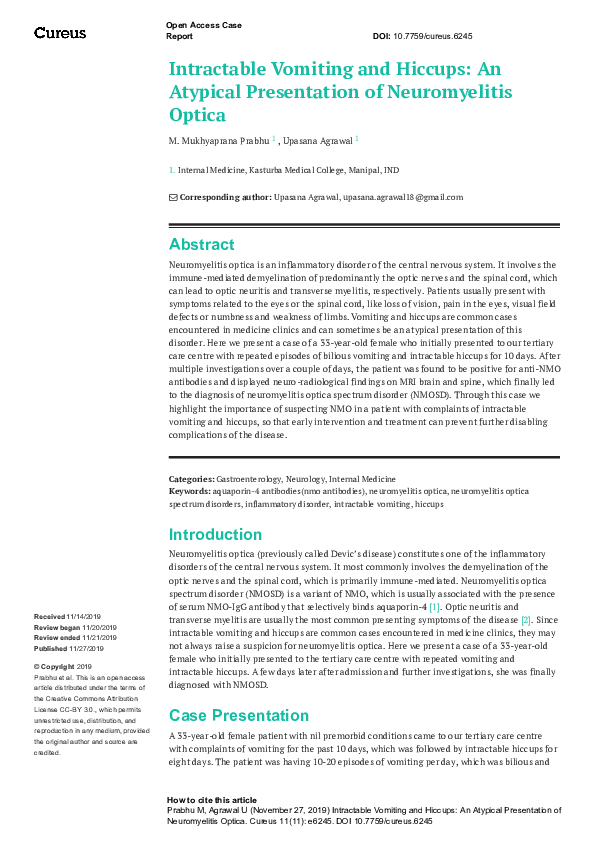 (PDF) Intractable Vomiting and Hiccups: An Atypical Presentation of ...