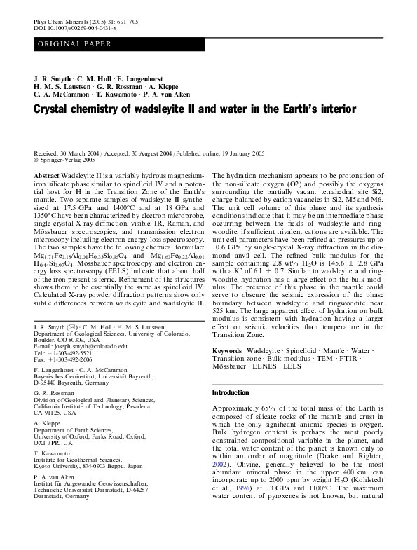 (PDF) Crystal chemistry of wadsleyite II and water in the Earth's interior