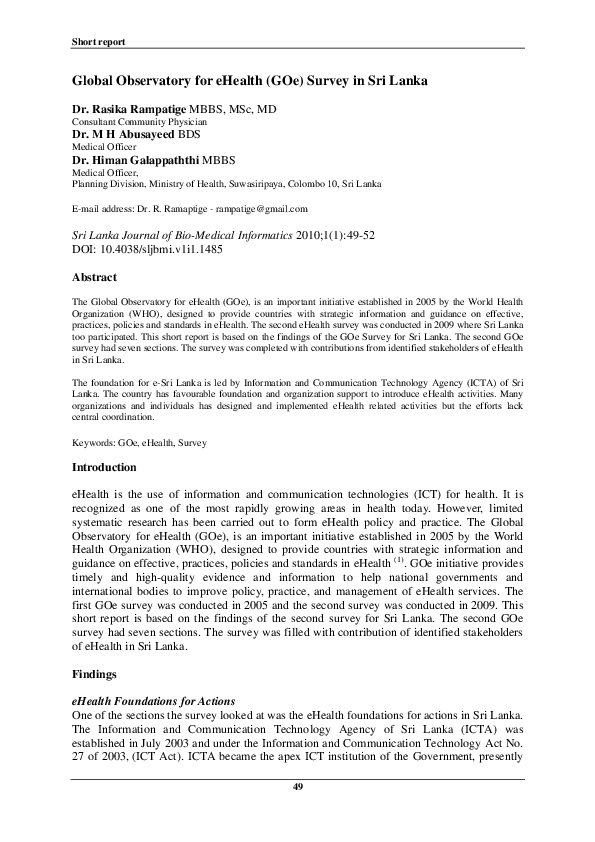 (PDF) Global Observatory for eHealth (GOe) Survey in Sri Lanka | Rasika ...
