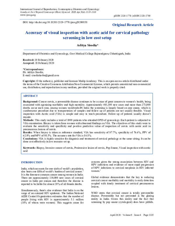 (PDF) Accuracy of visual inspection with acetic acid for cervical ...