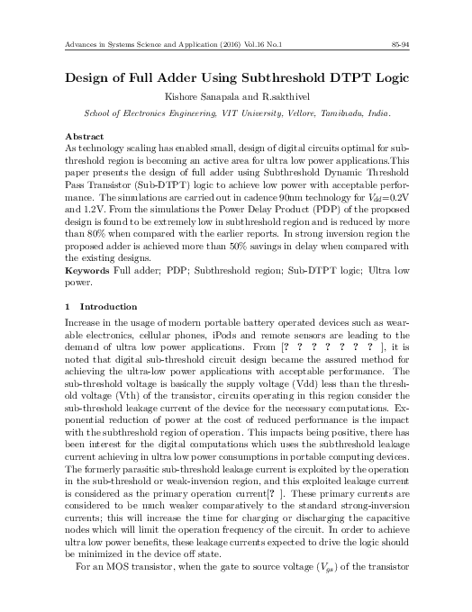 (PDF) Design of Full Adder Using Subthreshold DTPT Logic | Kishore Sanapala - Academia.edu