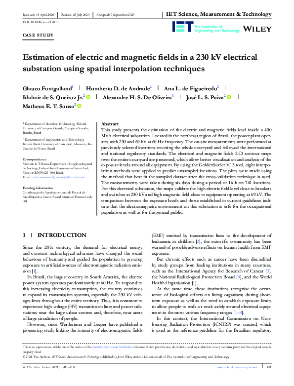 (PDF) Estimation of electric and magnetic fields in a 230 kV electrical substation using spatial ...
