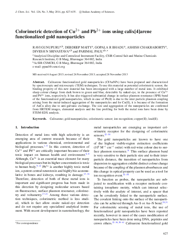 Pdf Colorimetric Detection Of Cu2 And Pb2 Ions Using Calix[4]arene Functionalized Gold