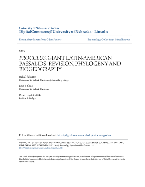 (PDF) Proculus , Giant Latin-American Passalids: Revision, Phylogeny ...