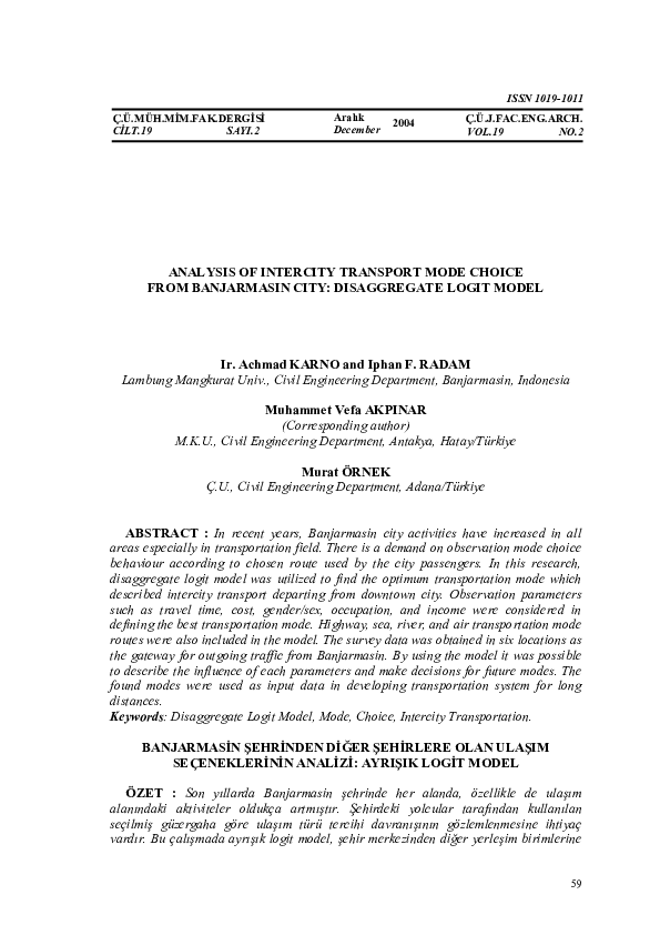 (PDF) Analysis of Intercity Transport Mode Choice from Banjarmasin City ; Dissagregate Logit Model