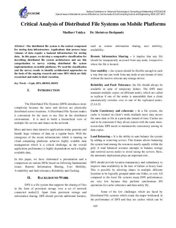(PDF) Critical Analysis of Distributed File Systems on Mobile Platforms