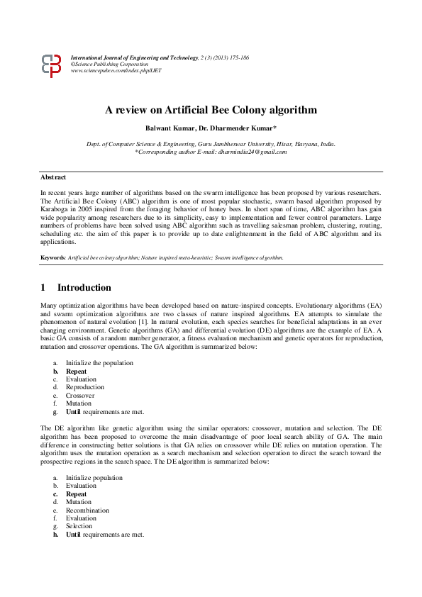 (PDF) A review on Artificial Bee Colony algorithm