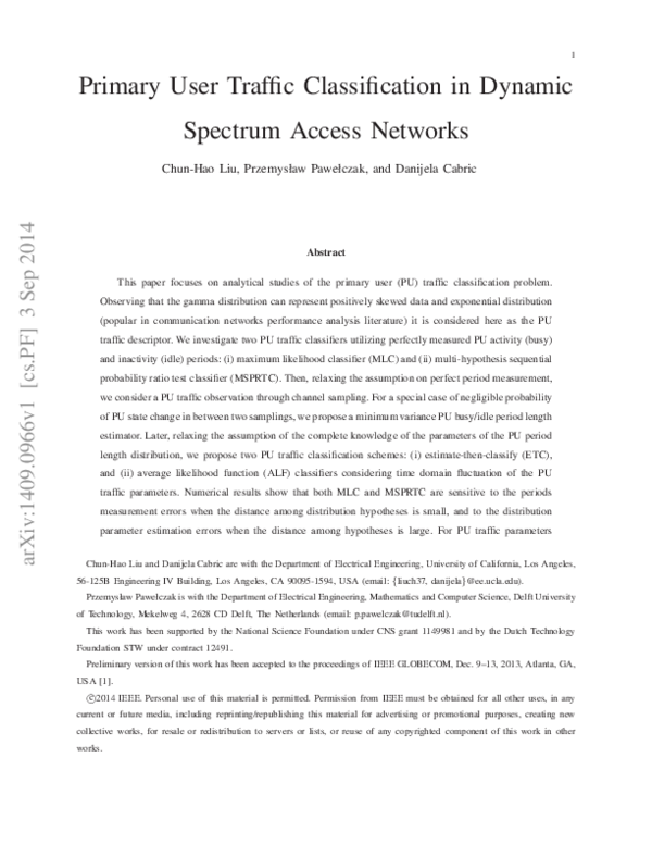 Pdf Primary User Traffic Classification In Dynamic Spectrum Access