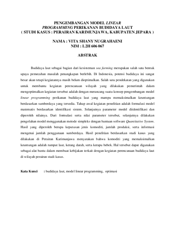 (PDF) PENGEMBANGAN MODEL LINEAR PROGRAMMING PERIKANAN BUDIDAYA LAUT (Studi Kasus Perairan ...