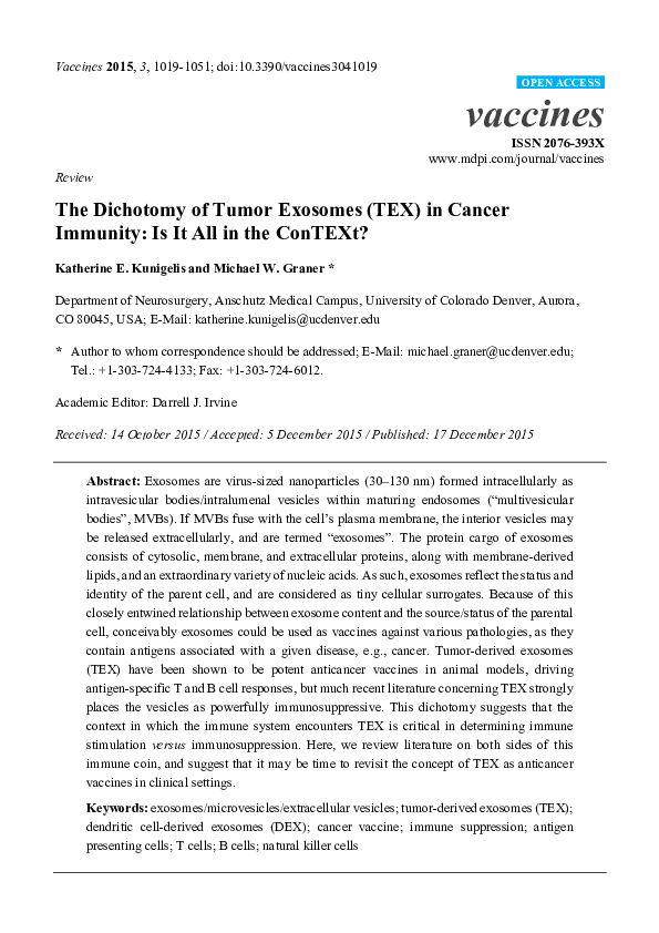 (PDF) The Dichotomy of Tumor Exosomes (TEX) in Cancer Immunity: Is It ...