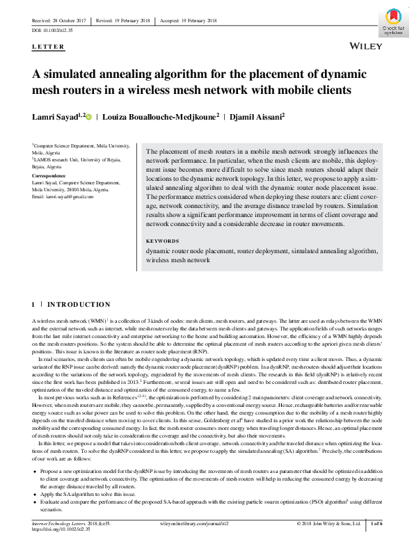 Pdf A Simulated Annealing Algorithm For The Placement Of Dynamic Mesh Routers In A Wireless