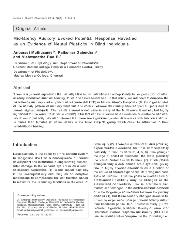 (PDF) Mid-latency AEP Response in Blind 113 Mid-latency Auditory Evoked ...