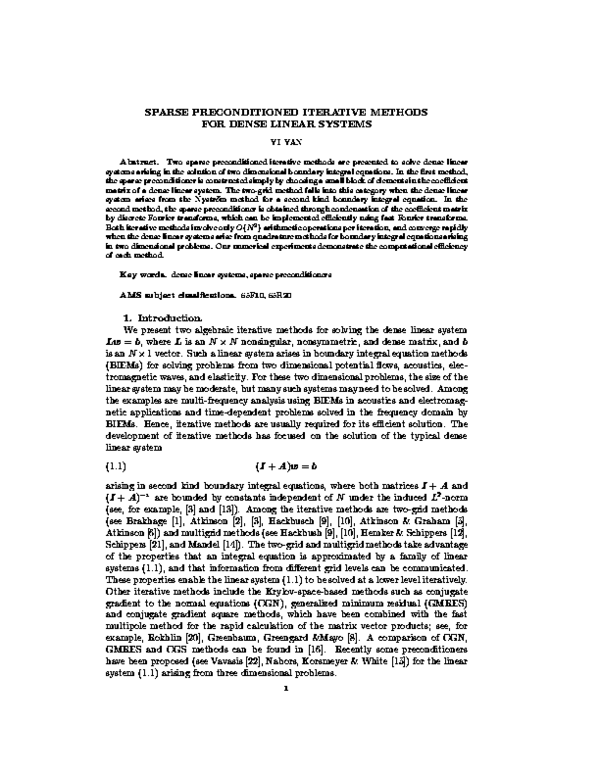 (PDF) Sparse Preconditioned Iterative Methods for Dense Linear Systems