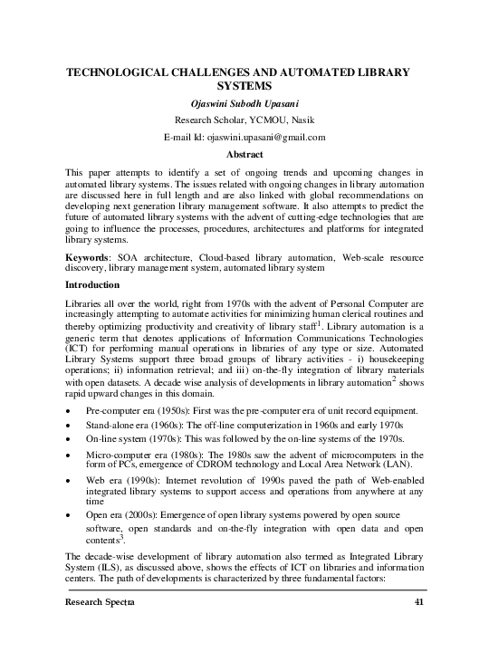 (PDF) Technological Challenges and Automated Library Systems