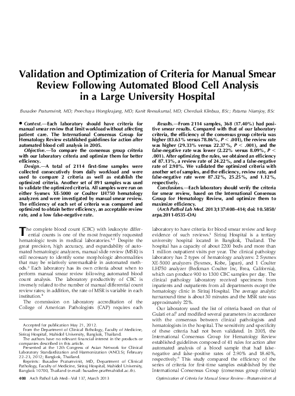 (PDF) Validation and Optimization of Criteria for Manual Smear Review ...