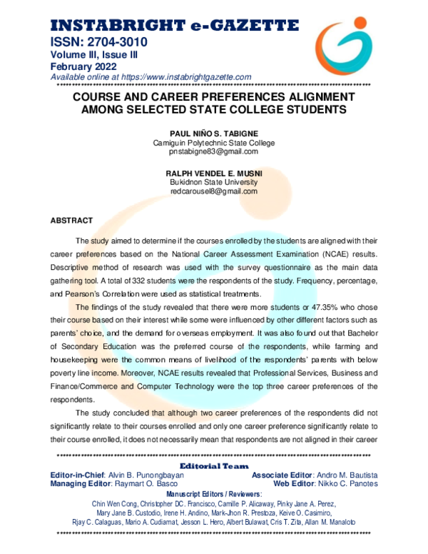 (PDF) Course and Career Preferences Alignment Among Selected State ...