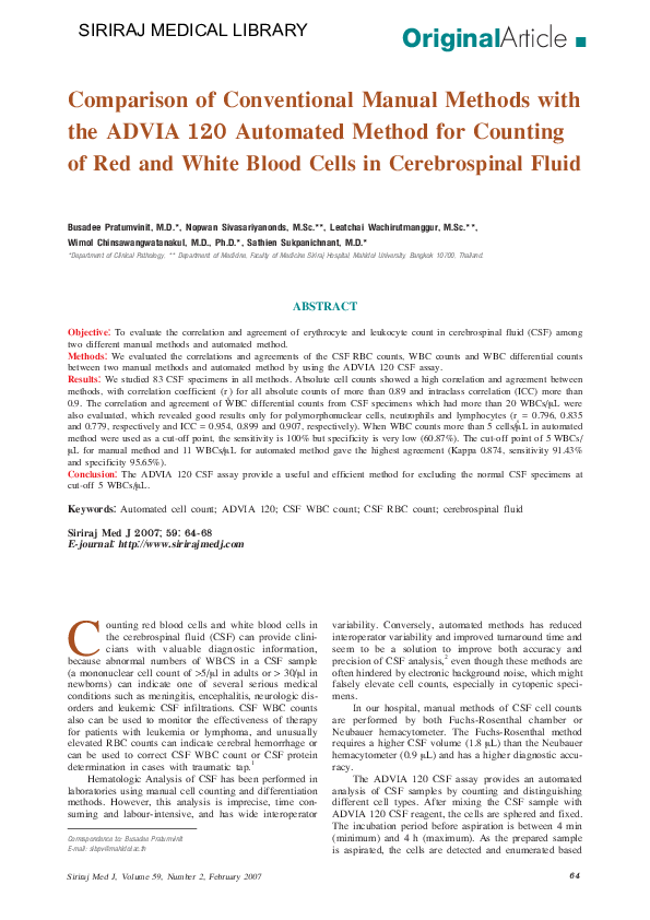 Comparison of Conventional Manual Methods with the ADVIA 120 Automated ...
