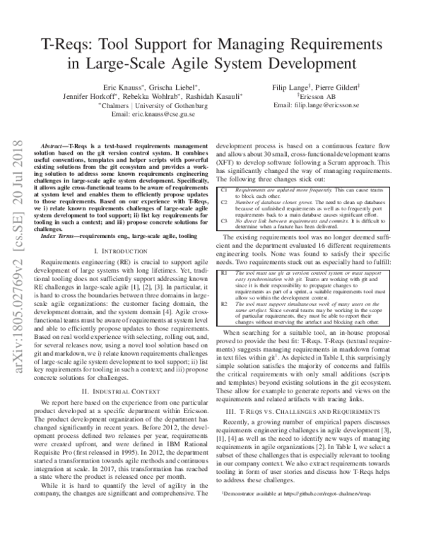 (PDF) T-Reqs: Tool Support for Managing Requirements in Large-Scale Agile System Development ...