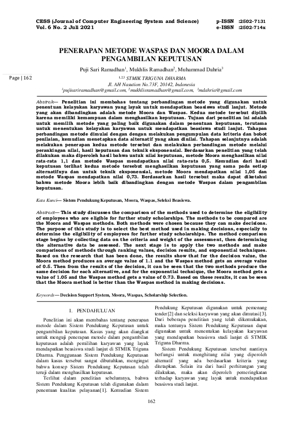 (PDF) Penerapan Metode WASPAS Dan MOORA Dalam Pengambilan Keputusan ...