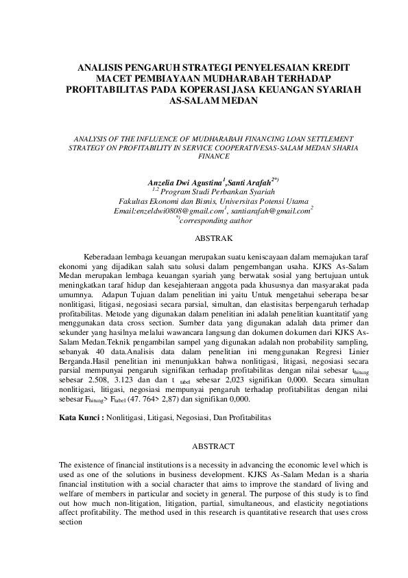 (PDF) ANALISIS PENGARUH STRATEGI PENYELESAIAN KREDIT MACET PEMBIAYAAN MUDHARABAH TERHADAP ...