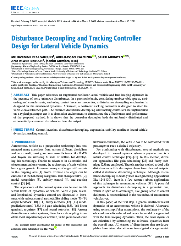 (PDF) Disturbance Decoupling and Tracking Controller Design for Lateral Vehicle Dynamics