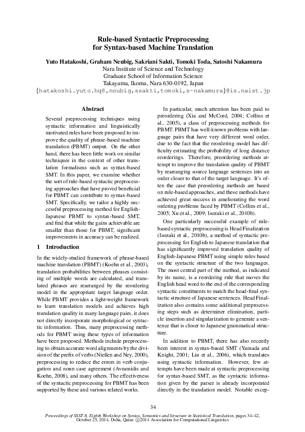 (PDF) Rule-based Syntactic Preprocessing for Syntax-based Machine ...