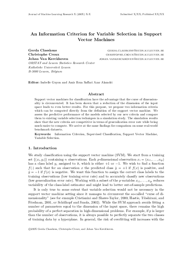 (PDF) Kerckhoven. An information criterion for variable selection in Support Vector Machines