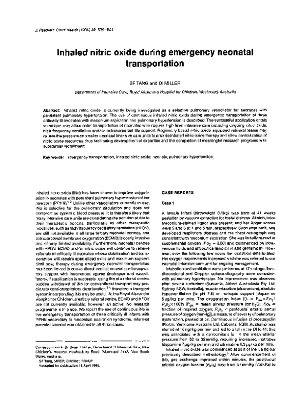 (PDF) Inhaled nitric oxide during emergency neonatal transportation ...