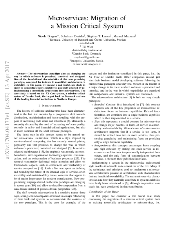(PDF) Microservices: Migration of a Mission Critical System | Manuel Mazzara - Academia.edu