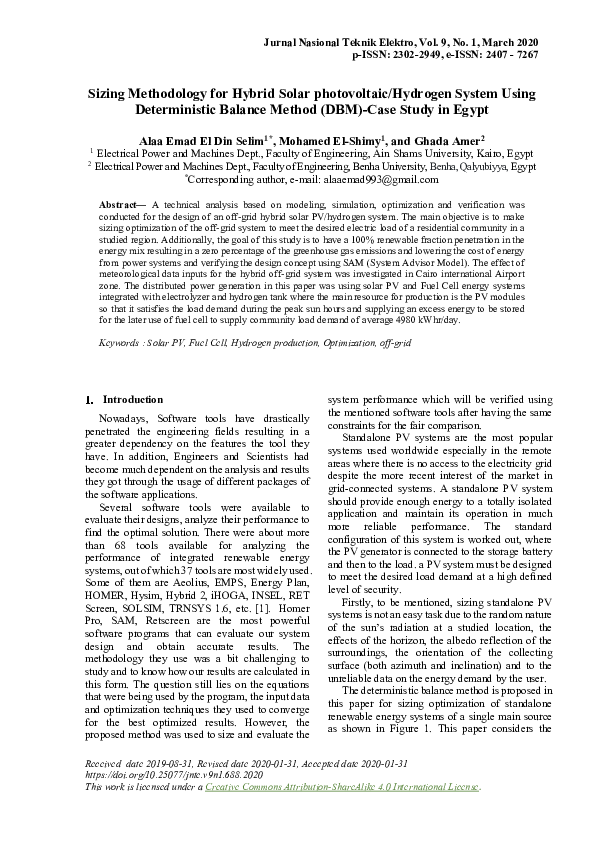 (PDF) Sizing Methodology for Hybrid Solar photovoltaic/Hydrogen System using Deterministic ...