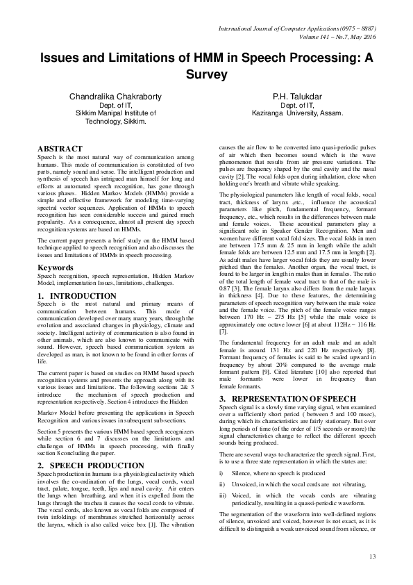 (PDF) Issues and Limitations of HMM in Speech Processing: A Survey