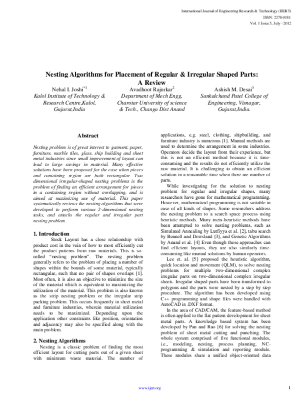 (PDF) Nesting Algorithms for Placement of Regular & Irregular Shaped Parts: A Review