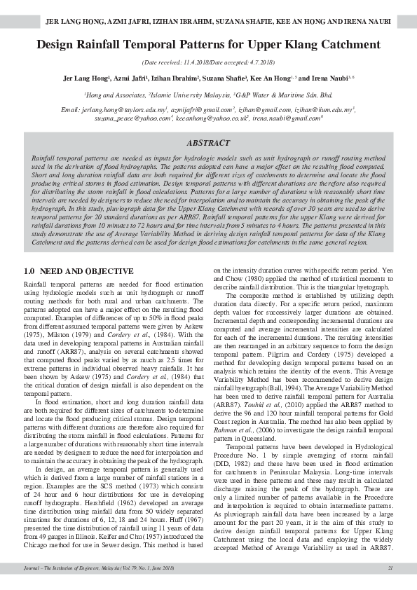 (PDF) Design Rainfall Temporal Patterns for Upper Klang Catchment