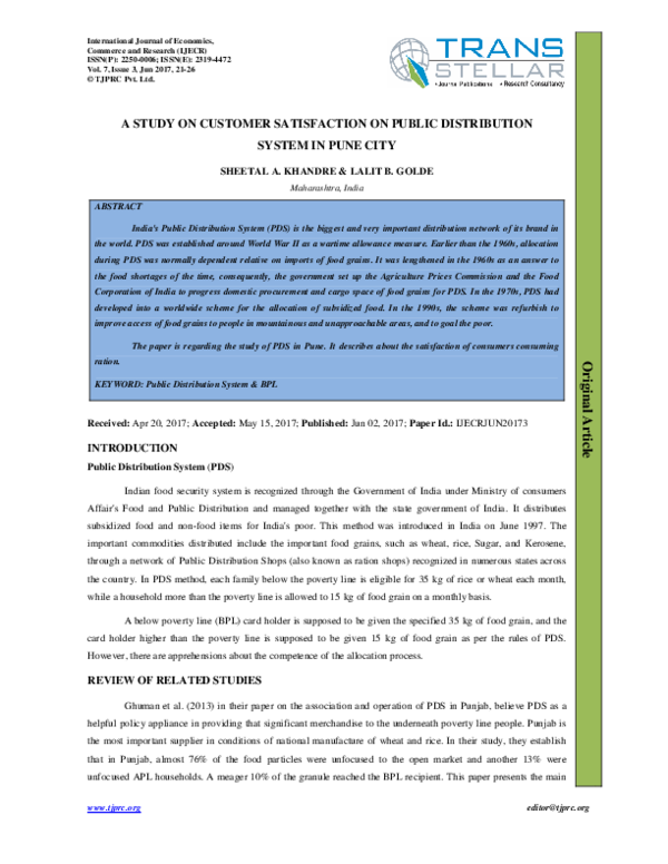 (PDF) A Study on Customer Satisfaction on Public Distribution System in ...