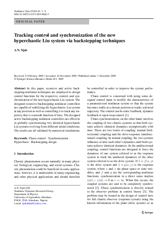 (PDF) Tracking control and synchronization of the new hyperchaotic Liu system via backstepping ...