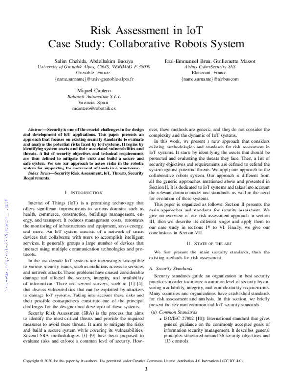 (PDF) Risk Assessment in IoT Case Study: Collaborative Robots System