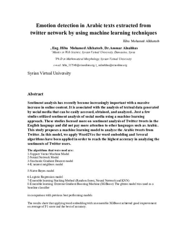 (DOC) Emotion detection in Arabic texts extracted from twitter network ...