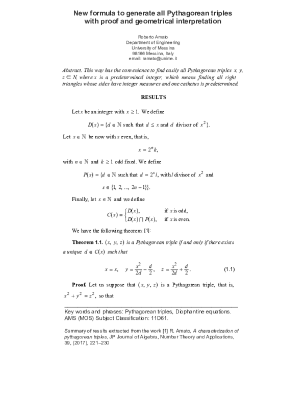 (PDF) New Formula to Generate All Pythagorean Triples with Proof and Geometrical Interpretation