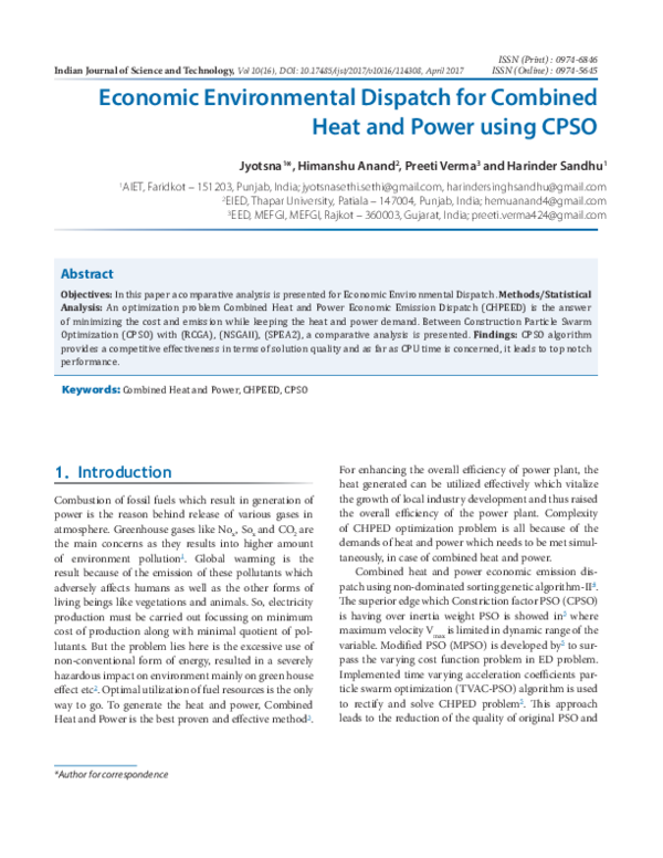 (PDF) Economic Environmental Dispatch for CombinedHeat and Power using CPSO