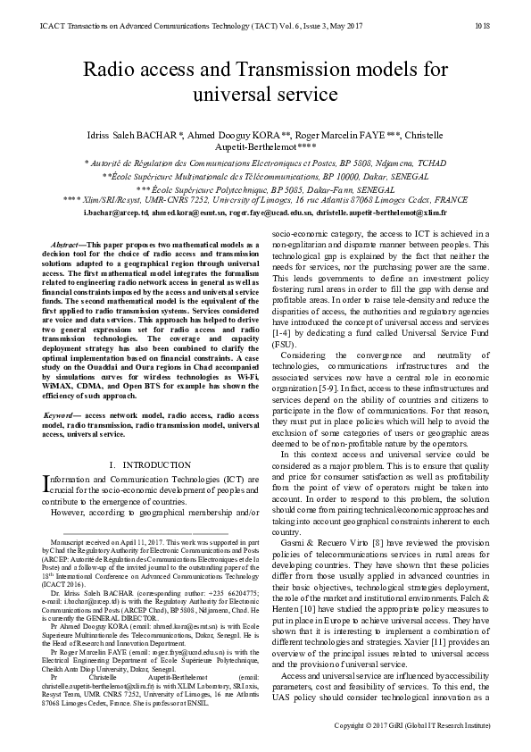 (PDF) Radio access and transmission models for universal service