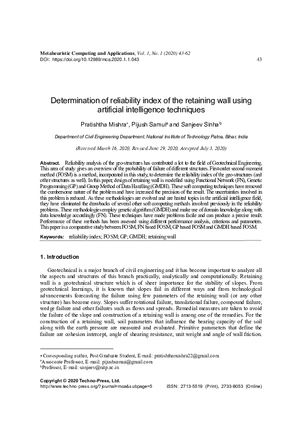 (PDF) Determination of reliability index of the retaining wall using artificial intelligence ...