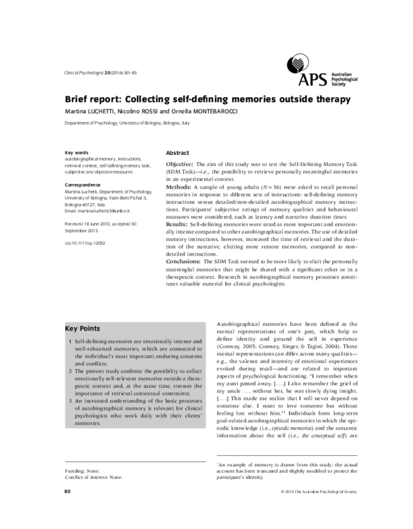 (PDF) Brief report: Collecting self-defining memories outside therapy